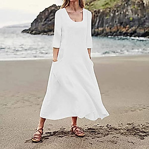 Maxi Dress, High Low Dress for Women Wedding Dresses with Long Sleeves Women's Fashion Casual Solid Colour Sleeveless Cotton Linen Pocket Dress Casual Color Three-Quarter Sleeve (XXL, Z-White)