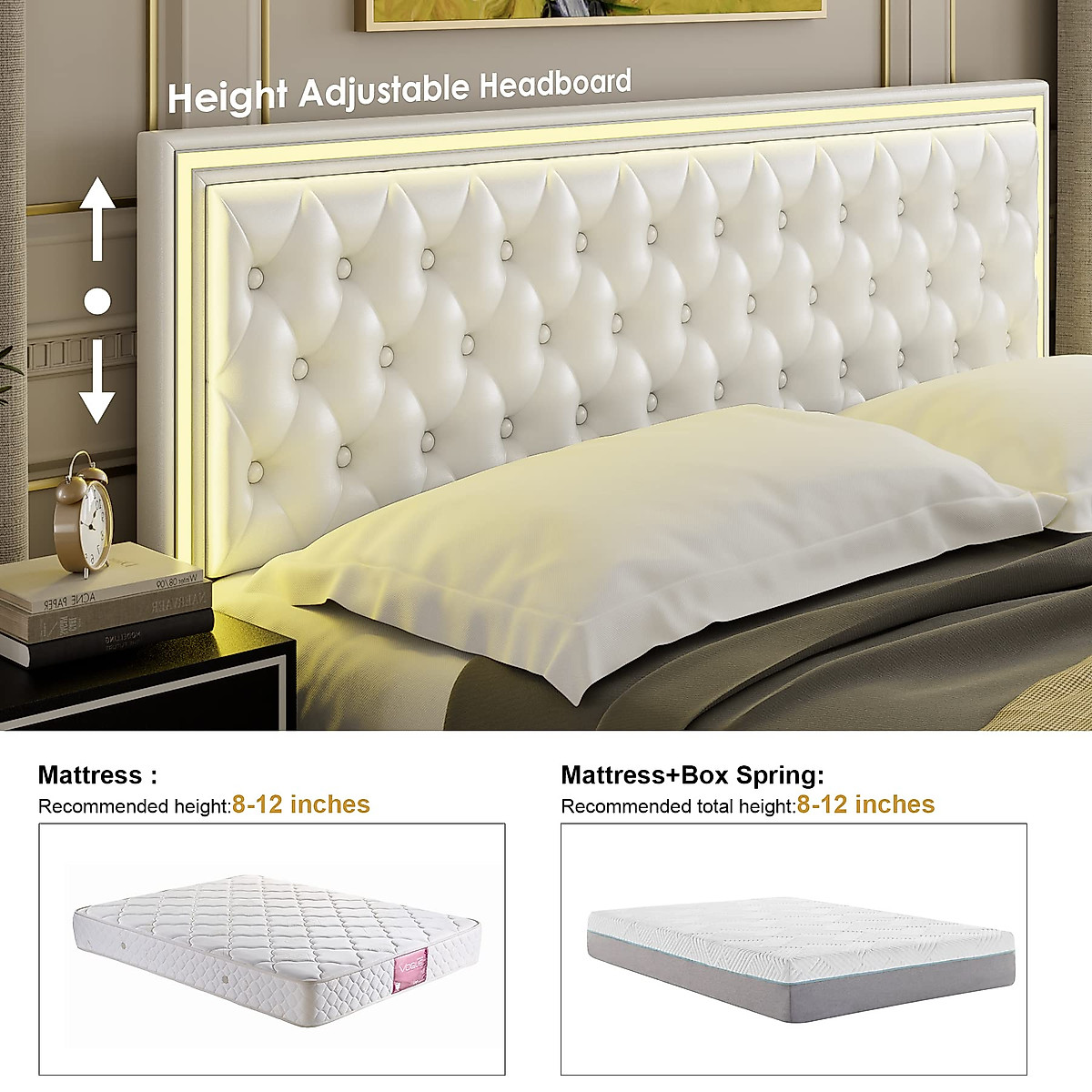 Keyluv King Upholstered LED Bed Frame with 4 Drawers, Pu Leather Platform Storage Bed with Adjustable Button Tufted Headboard and Solid Wooden Slats Support, No Box Spring Needed, White