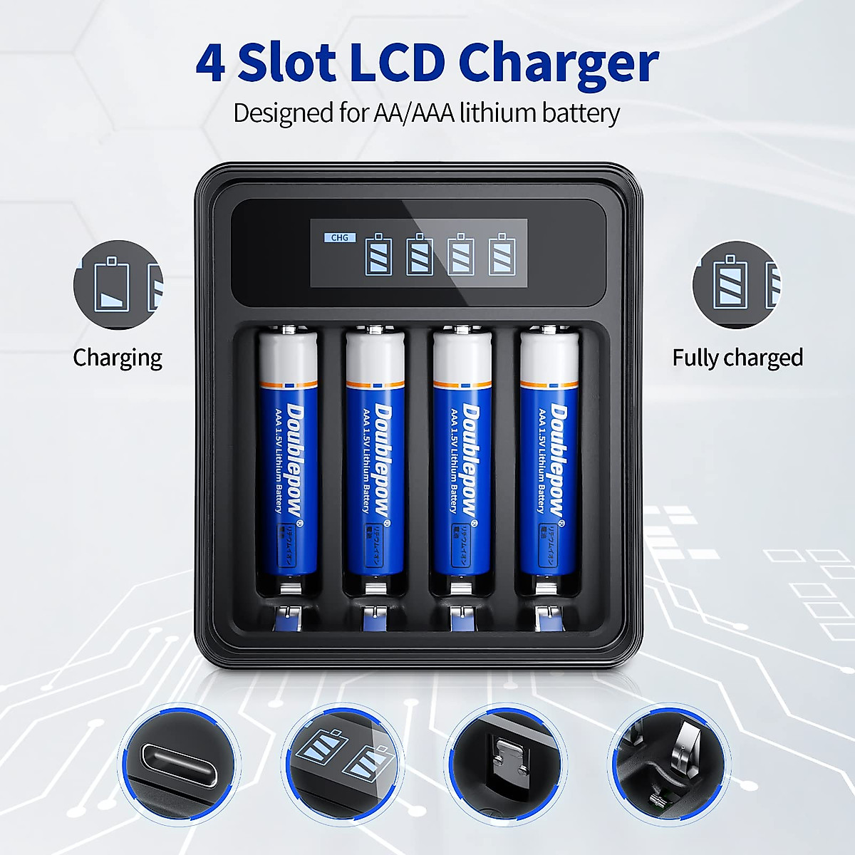 Doublepow AAA Lithium Batteries with LCD Battery Charger,Lithium AAA Batteries with 4 Slot Individual Battery Charger,Rechargeable AAA Battery,Triple AAA Batteries,8 Pack of AAA Rechargeable Battery