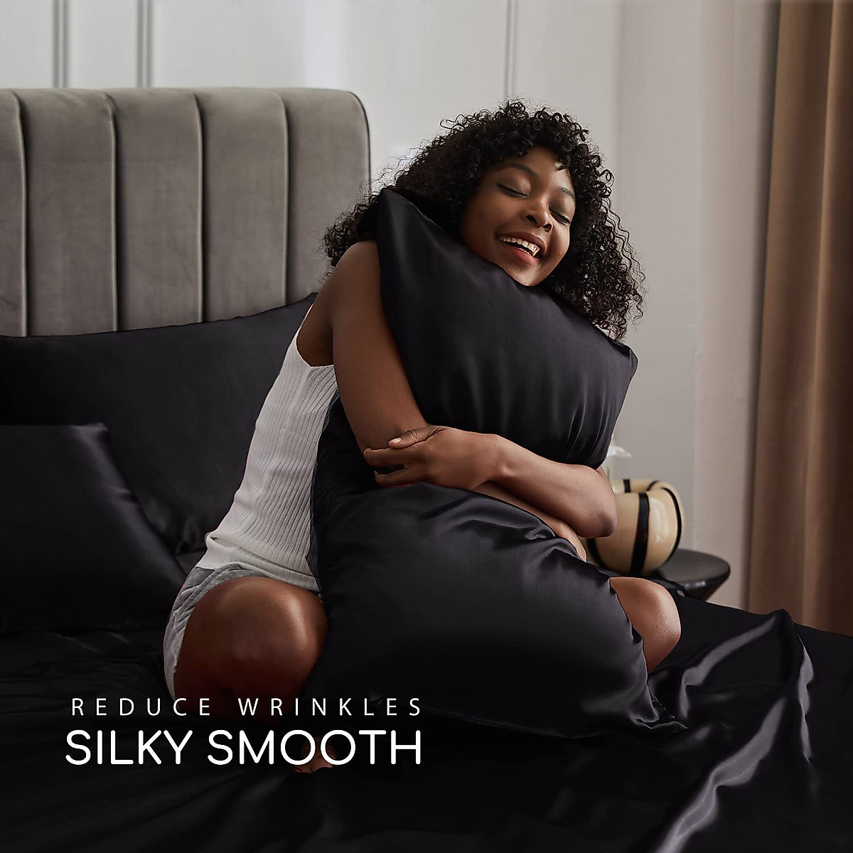 MR&HM Satin Bed Sheets, Full Size Sheets Set, 4 Pcs Silky Bedding Set with 15 Inches Deep Pocket for Mattress (Full, Black)