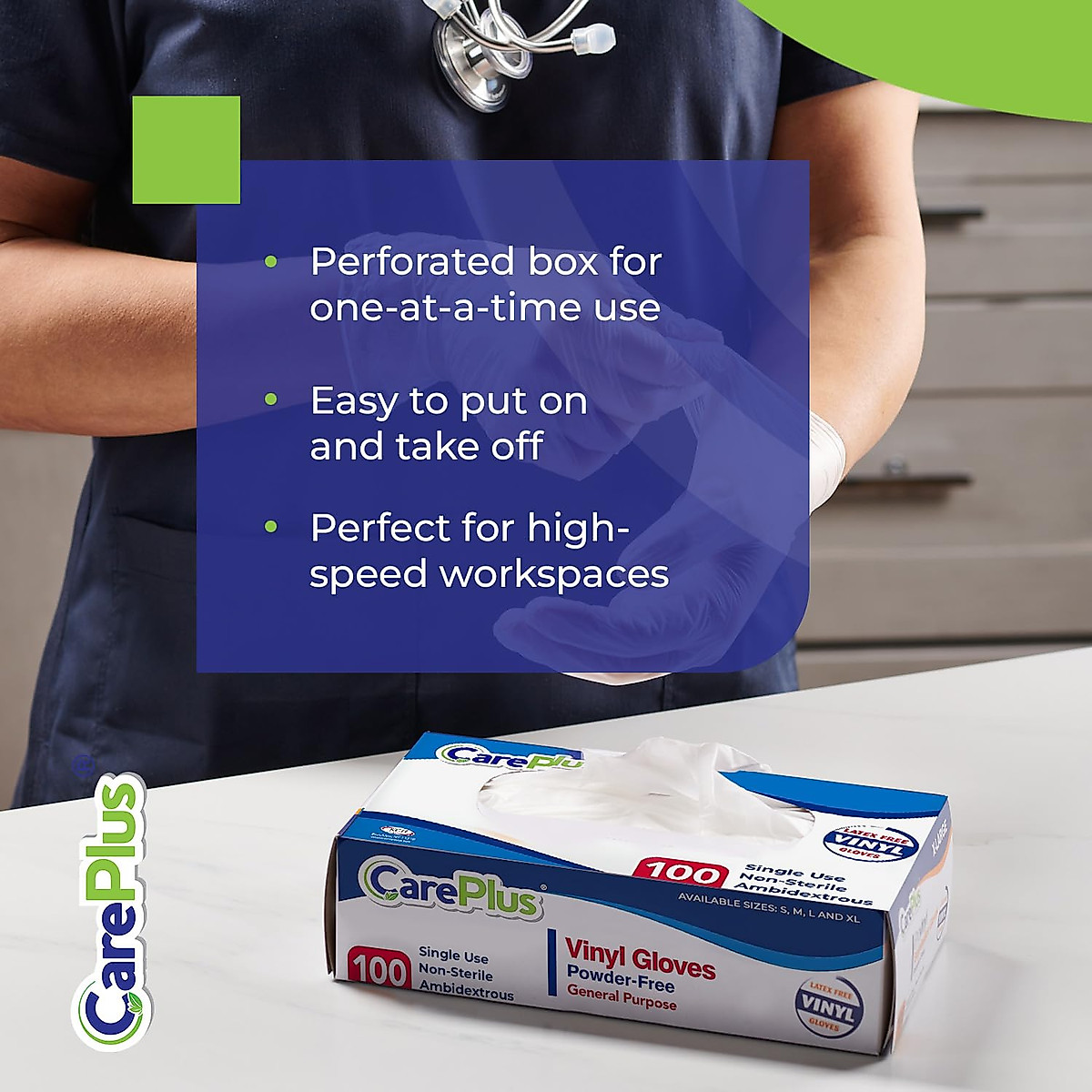 Care Plus Disposable Vinyl Gloves Medium Size| Heavy Duty | Non Sterile | Powder Free | Latex Free Rubber | 100 Count Box |food Safe