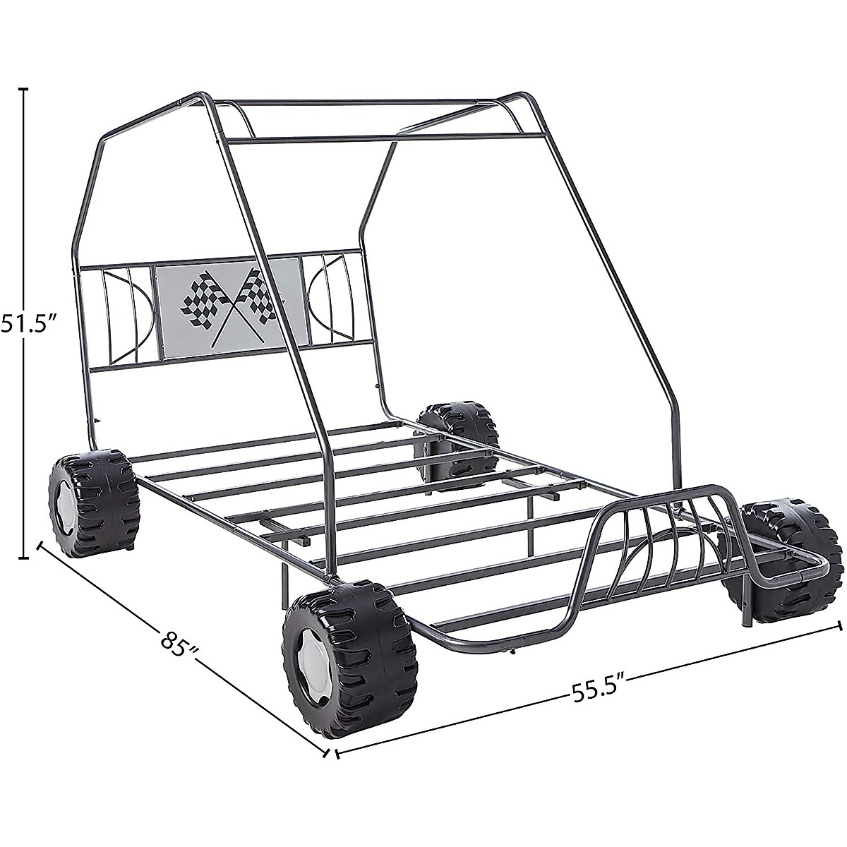 Metal Twin Size Kids Bed with Racer Cart Design ,Go Kart Car Bed for Boys, Twin Bed Frame with Four Wheels and Headboard ,Sturdy Slat System, No Box Spring Needed, Fit for Kids Teens Bedroom,Gunmetal