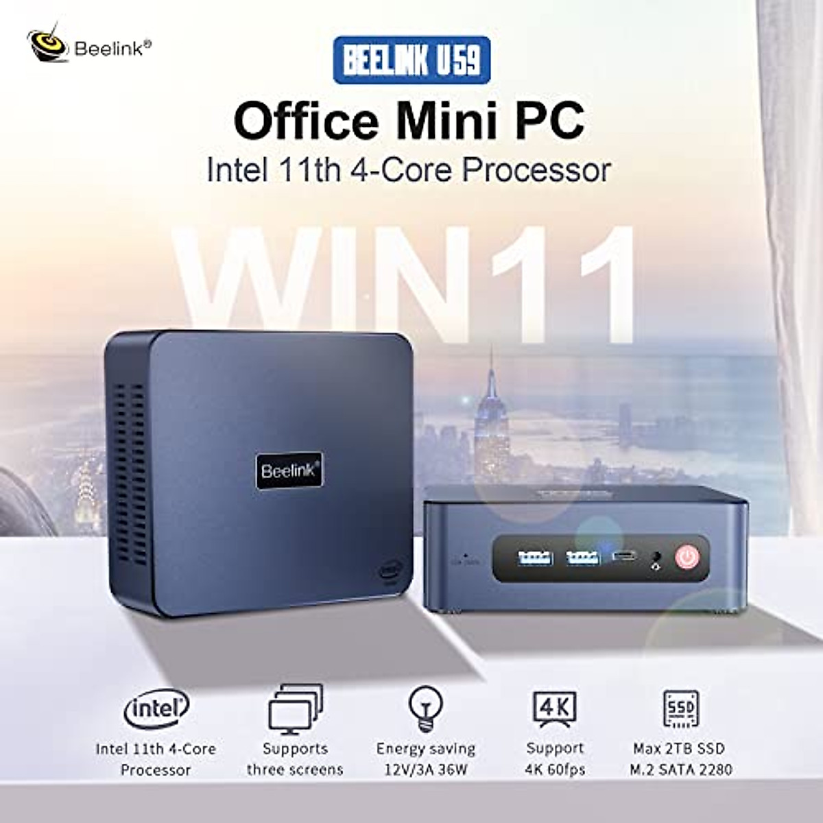 Beelink U59 Mini PC 11th Gen 4-Cores N5105, Office Mini Computer 8GB DDR4 500G SSD, Dual Display 4K UHD 60Hz Dual LAN/WiFi5/BT4.0/Auto Power On/WOL/PXE/Openwrt/VESA Home/Office