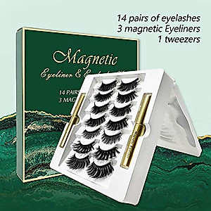 Rechoo Magnetic False Eyelashes Kit- 14 Pairs Different Magnetic Lashes Natural Look with 3 Eyeliners, Reusable 3D Black False Eyelashes with Applicator and Tweezers for Daily Eyelash Extension