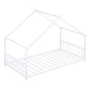 Montessori Floor Bed with Headboard and Footboard, Twin Floor Bed with Slats, Metal House Floor Bed for Kids, Girls, Boys, White Montessori Bed Twin Size