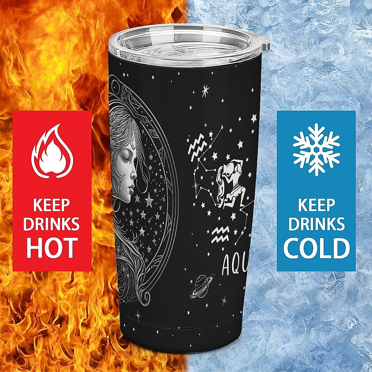BEOIIBIRD Aquarius Zodiac Tumbler Gifts, 20oz Glaze Stainless Steel with Lid and Straw Water Bottles Insulated Coffee Mug, Beverage Cup for Teen Women Men in Home Office Car Travel