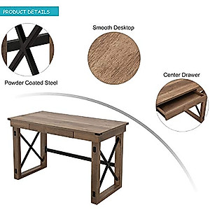 LOKATSE HOME Rustic Furniture Sturdy Modern Computer Table for Home Office, Wood and Metal Writing Desk with Drawer, Natural