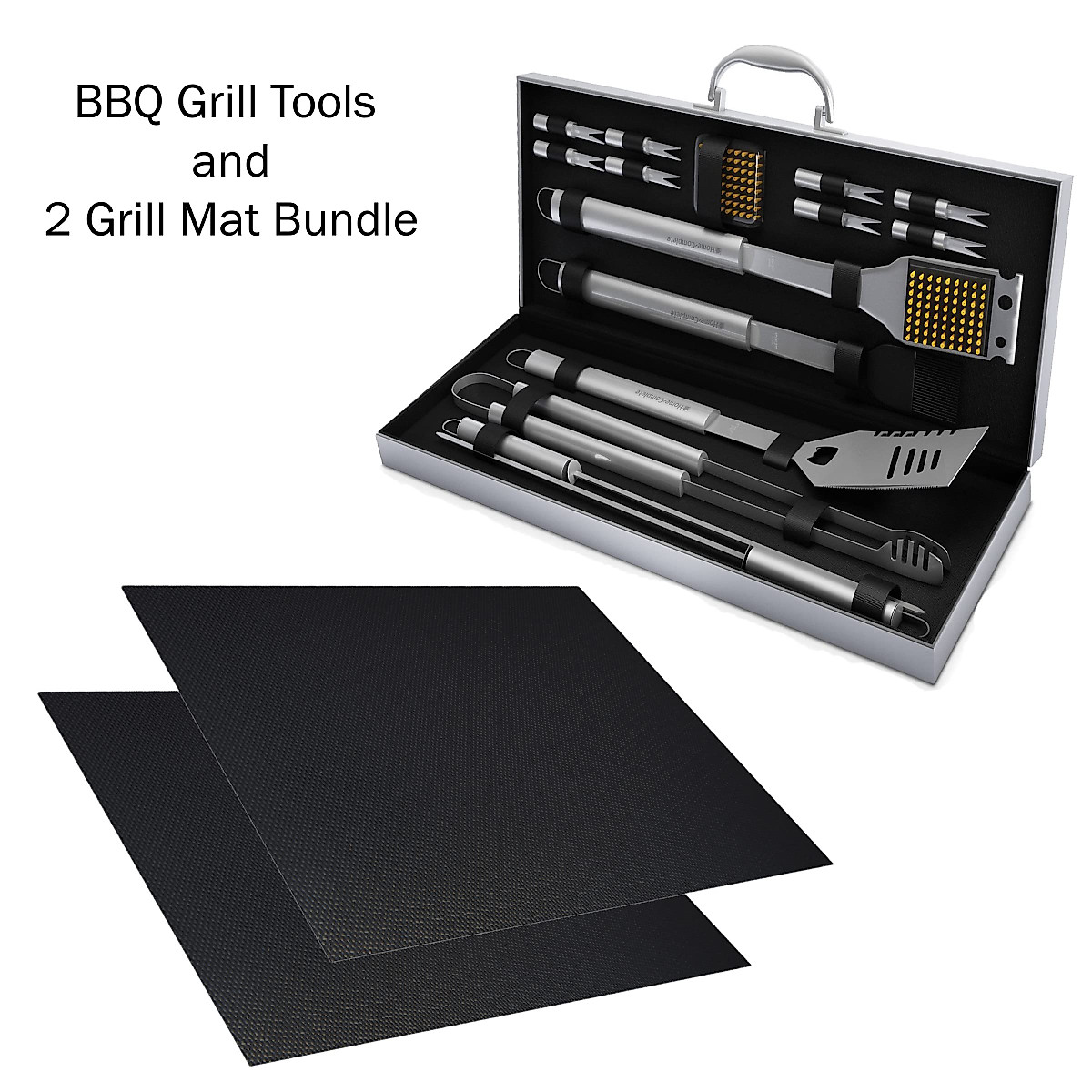 Home-Complete 18-piece BBQ Grill Set, 16-pc Stainless Steel Barbecue Tools Kit with Aluminum Case and 2-pack BBQ Grill Mats