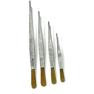 German Set of 4 Each Debakey Forceps Serrated Narrow Tips for Atraumatic Veterinary Microscopy Dissection Comes in Gold Handle 6”+8”+10”+12”
