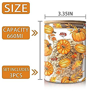 Fall Decor 3 Pack Glass Storage Jars with Airtight Bamboo Lid-Hello Fall Pumpkin Canisters Sets for Kitchen Countertop Autumn-Clear Fall Glass Storage Jars for Coffee Bean, Cookie, Candy, Tea, Flour