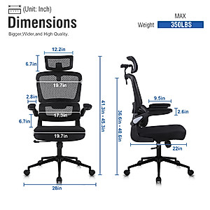 Ergonomic Office Desk Chair - Breathable Mesh High Back Computer Chair with Flip-Up Armrests, Comfortable Lumbar Support Executive Swivel Chair, Home Office Ergonomic Desk Chair (Black)