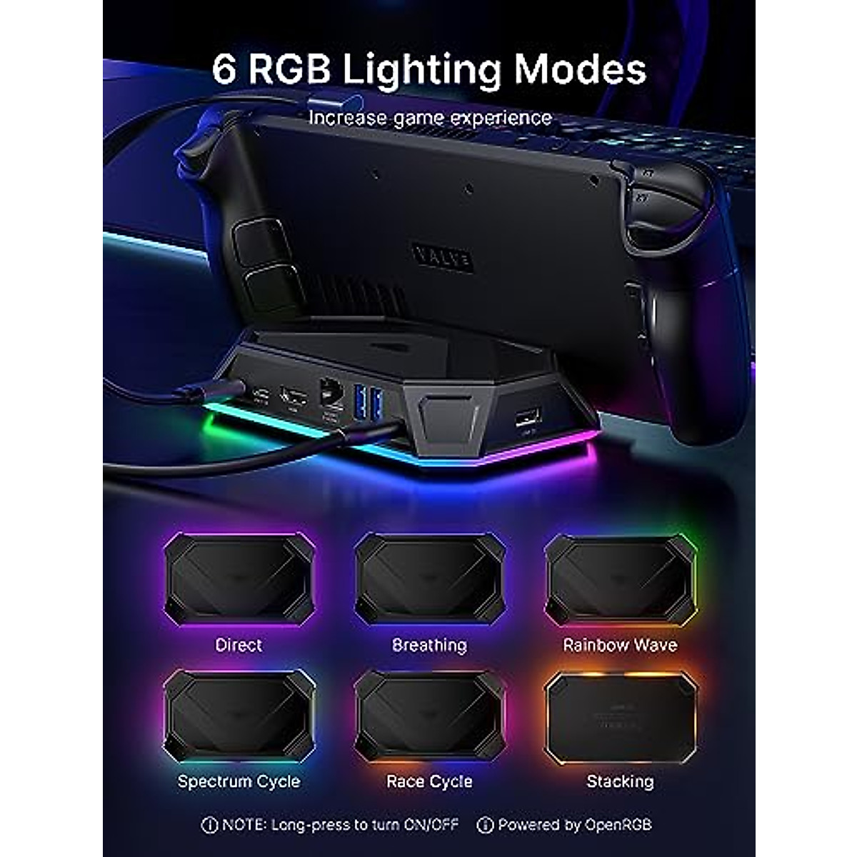 JSAUX RGB Docking Station for Steam Deck & ROG Ally, 8-in-1 Steam Deck Dock with HDMI 2.0 4K@60Hz, Gigabit Ethernet, USB-C 3.0, Dual USB-A 3.0, USB 2.0 and 100W USB-C Charging Port-HB0801(Black)