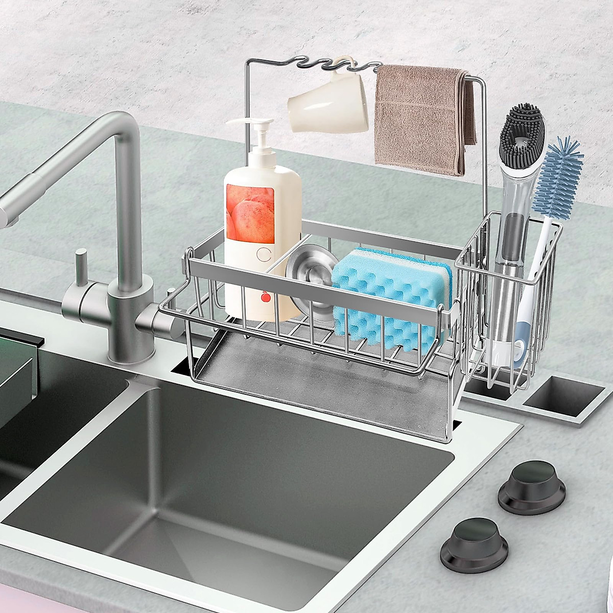 Yazoni 4 in 1 Sponge Holder for Kitchen Sink, Sponge Holder + Brush Holder + Dishcloth Hanger + Sink Stopper Holder with 2 Installation Ways, No Drilling Adhesive Sink Caddy Kitchen Sink Organizer