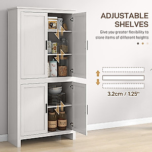HOMCOM 64" Kitchen Pantry Cabinet, Freestanding Storage Cabinet with 4 Doors and 3 Adjustable Shelves for Dining Room, White