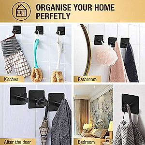 Adhesive Hooks, YAKAON [4 Pack] Heavy Duty Durable 304 Stainless Steel Wall Hangers, Waterproof Rustproof Oil Proof for Kitchen, Bathrooms, Doors, Office, Closet-Black