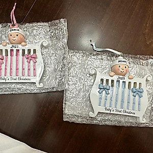 Personalized Baby in a Crib First Christmas Ornament (Blue)