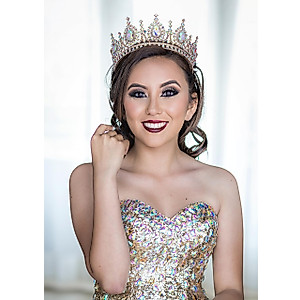 SWEETV Rose Gold Tiaras and Crowns for Women Iridescent Bridal Crown for Wedding Halloween Costume Hair Accessories for Photo Shoot Prom Birthday Party