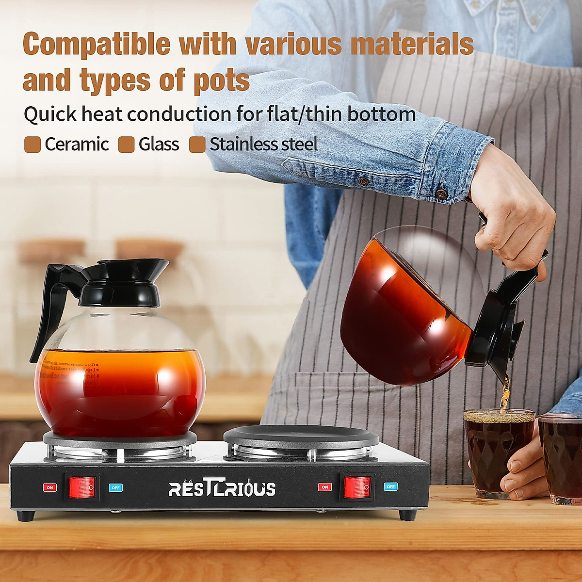 Restlrious Commercial Coffee Warmer Double Burner Decanter Warmer Plate, Stainless Steel Portable Warmer for Standard Glass Decanter, Suitable for Cafe, Break Room, Buffet, Event and Commercial Use