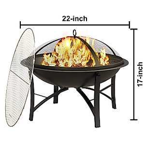 Fire Beauty Fire Pit for Outside Wood Burning Firepit BBQ Grill Steel Fire Bowl with Spark Screen Cover, Log Grate, Poker for Camping Beach Bonfire Picnic Backyard Garden