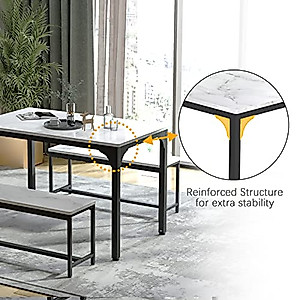 WiberWi Dining Table Set for 4, 47.3” Kitchen Dining Table, 3 Piece Kitchen Table and Chairs for 4, Heavy Duty Dining Room Table with Metal Frame & Faux Marble Tabletop for Kitchen Small Spaces