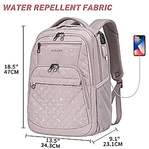 KROSER Travel Laptop Backpack 17 Inch Large Computer Backpack Water-Repellent Daypack with USB Charging Port & Headphone Interface RFID Pockets for Work/Business/College/Men/Women Dusty Pink(Quilted)