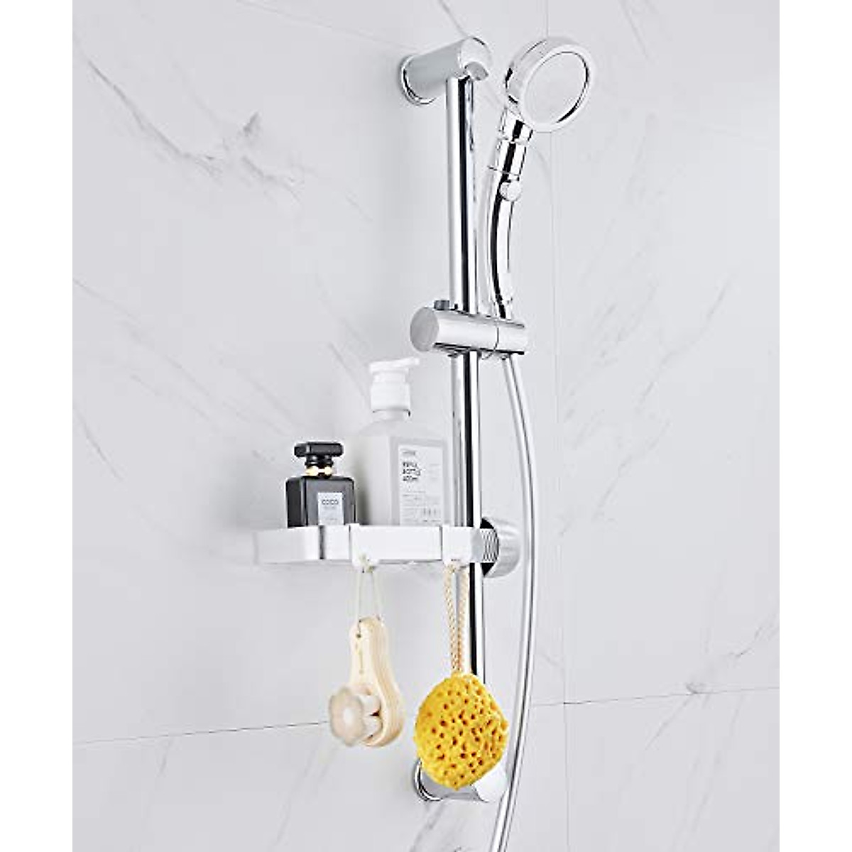Kitchen Washing Sponge Storage Rack Shower Caddy Soap Dish Holder with Hooks Faucet Shower Rod Assembled,Bright Silver