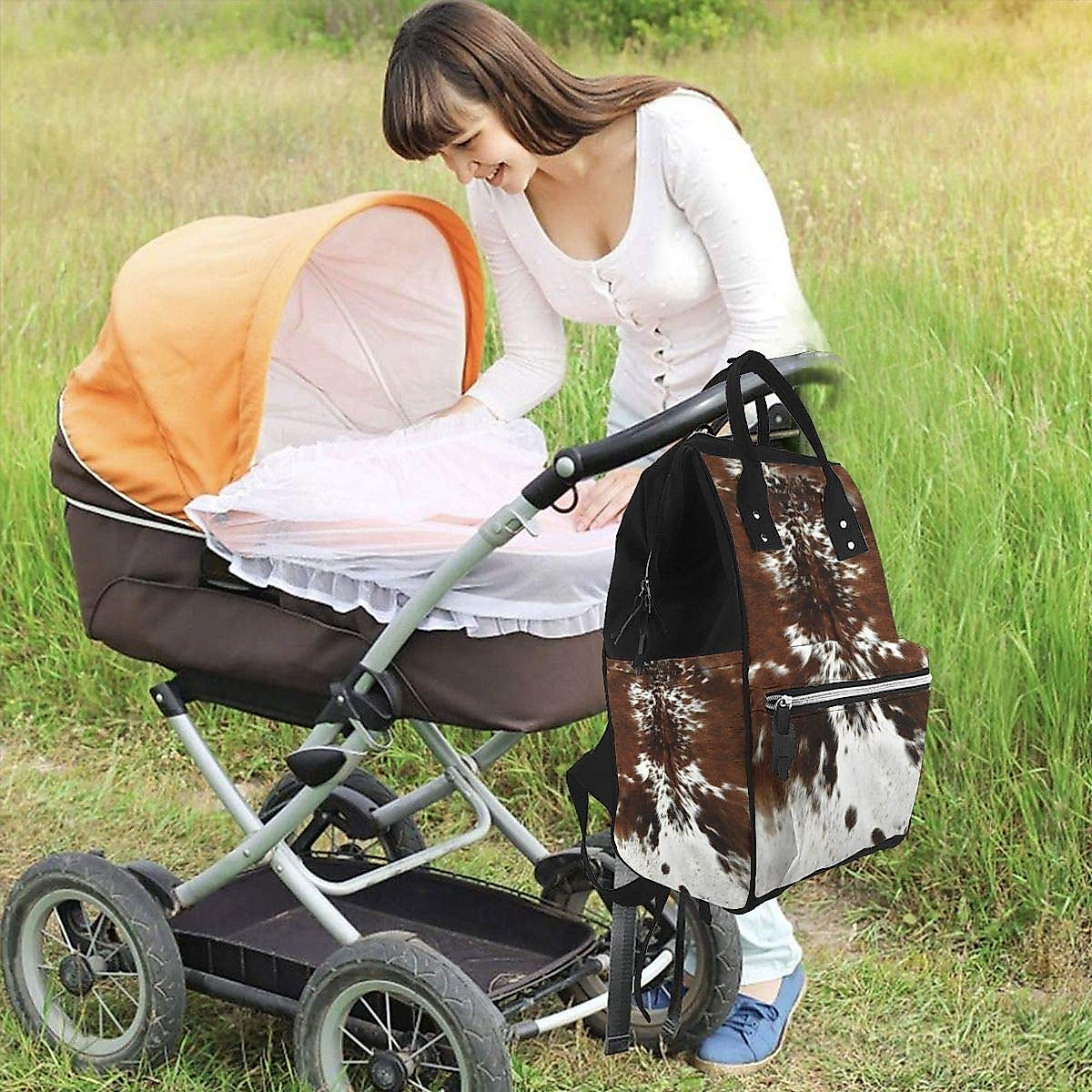 Tri Color Brown Cowhide Print Diaper Bag Backpack, Baby Nappy Storage Travel Bag