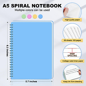 YEEBAY Spiral Notebook, 5.7" x 8.3" College Ruled Notebook with 4 Colors Spiral Journals, 80 Sheets/160 Pages Per Journal with Twin-Wire Binding, Thick Plastic Hardcover and 8mm Ruled Lined