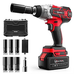 SILVEL 21V Cordless Impact Wrench 1/2 inch, 517 Ft-lbs (700N.m) Max Torque, Brushless Impact Driver with 1.5Ah Li-ion Battery, 6 Sockets, Power Impact Gun
