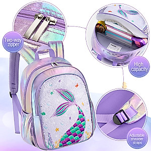 WAWSAM Mermaid Kids Backpack - Sparkly Sequins Backpack for Girls Purple School Bag Personalized 15” Backpack for School Elementary Travel Casual Book Bag for Christmas Birthday Back to School Gift