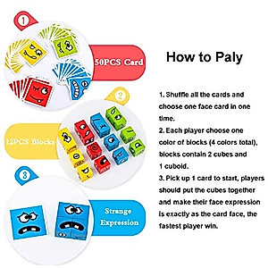 TACY Expressions Matching Wood Blocks Toy Making Emotion Game Challenge Cards for Children's Logical Thinking Intellectual Training Toys Parent-Child Board Game