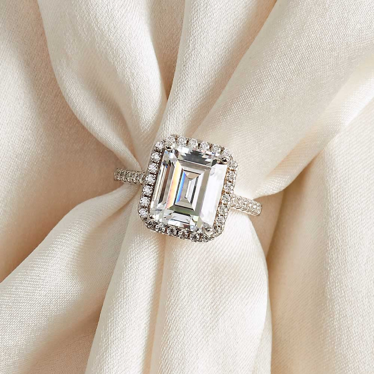 Michooyel S925 4.0ct Emerald Cut Engagement Ring for Women Diamond Halo Promise Ring Cubic Zirconia Sterling Silver Wedding Band Ring for Women