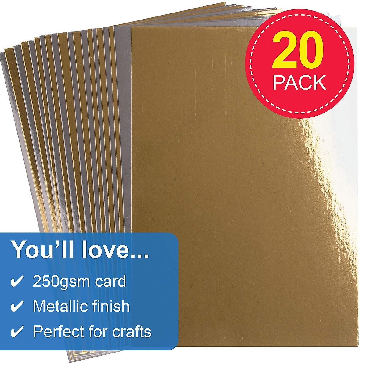 Baker Ross - AC375 A4 Gold & Silver Metallic Card (250 gsm) — ⁠Creative Art Supplies for Kids, Christmas Crafts, Card Making, and Decorations (Pack of 20)