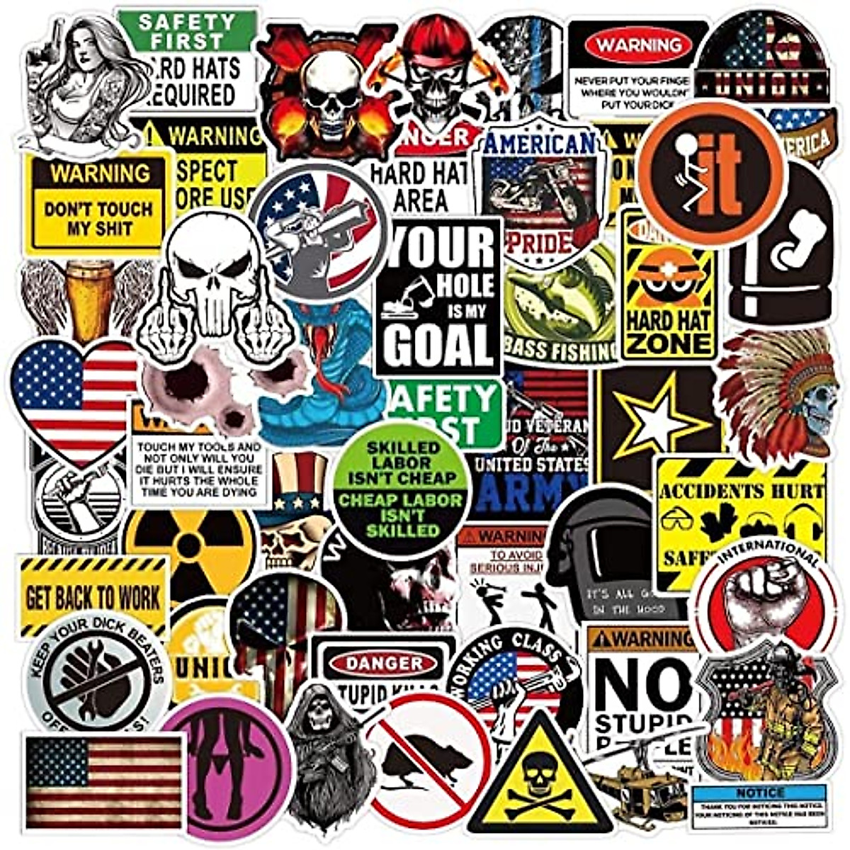 Big 200pcs Pack Funny Hard Hat Stickers for Helmet Tool Box, Vinyl American Patriotic Decals for Men Labor Construction Ironworker Welder Union Military Lineman Oilfield Electrician Pipeliner Ibew