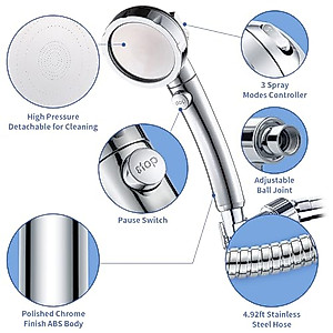 SINGSUO High Pressure Handheld Shower Head with On Off Switch, Detachable Shower Head, 3 Spray Modes Shower Massager Handheld with Hose and Adjustable Angle Bracket (Chrome)