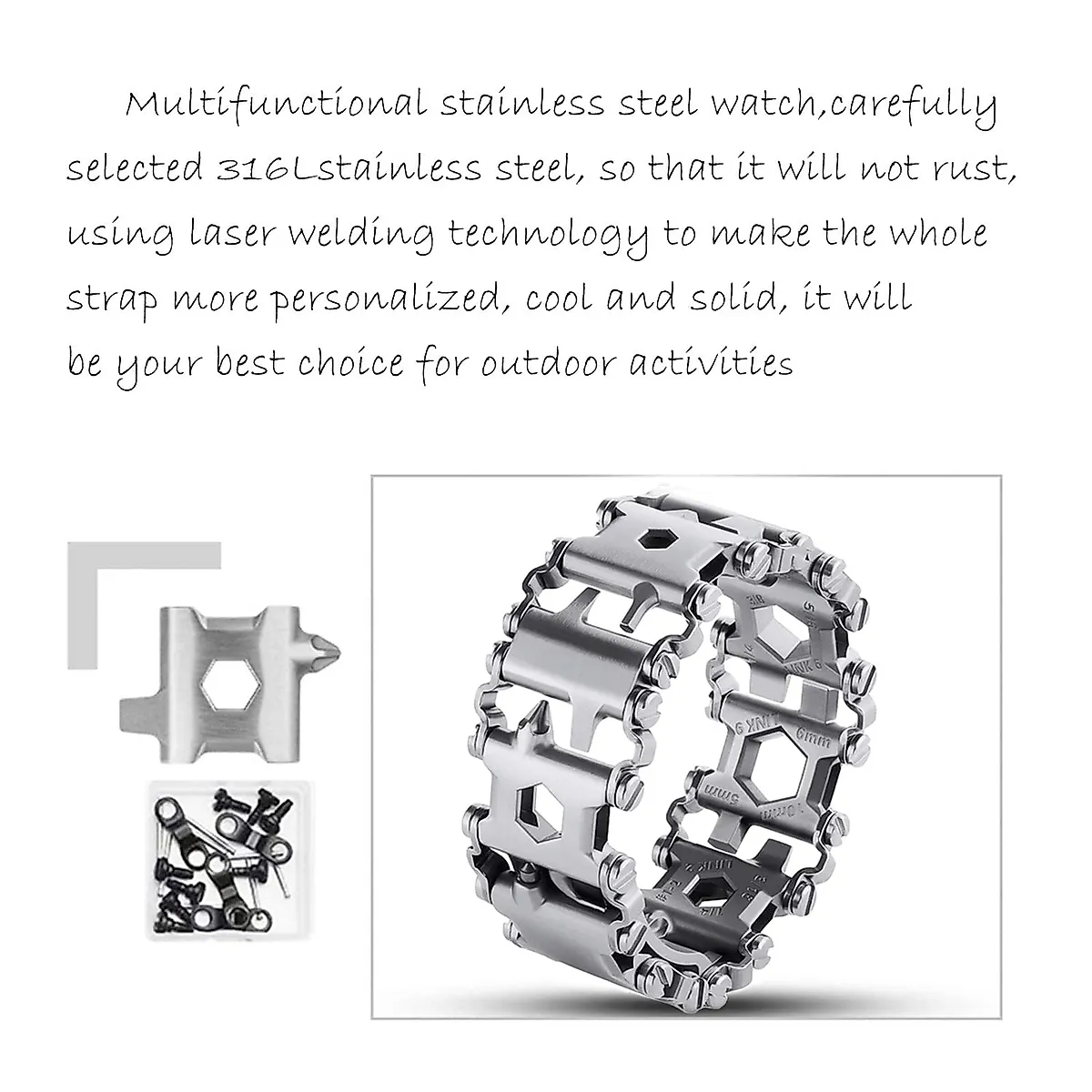 ONELANKS Stainless Tool Bracelet for Men Compatible for LEATHERMAN TREAD and Watch Band 29 in 1 Survival Hiking Camping Travel Friendly Multitools Wearable Bracelet （Silver）