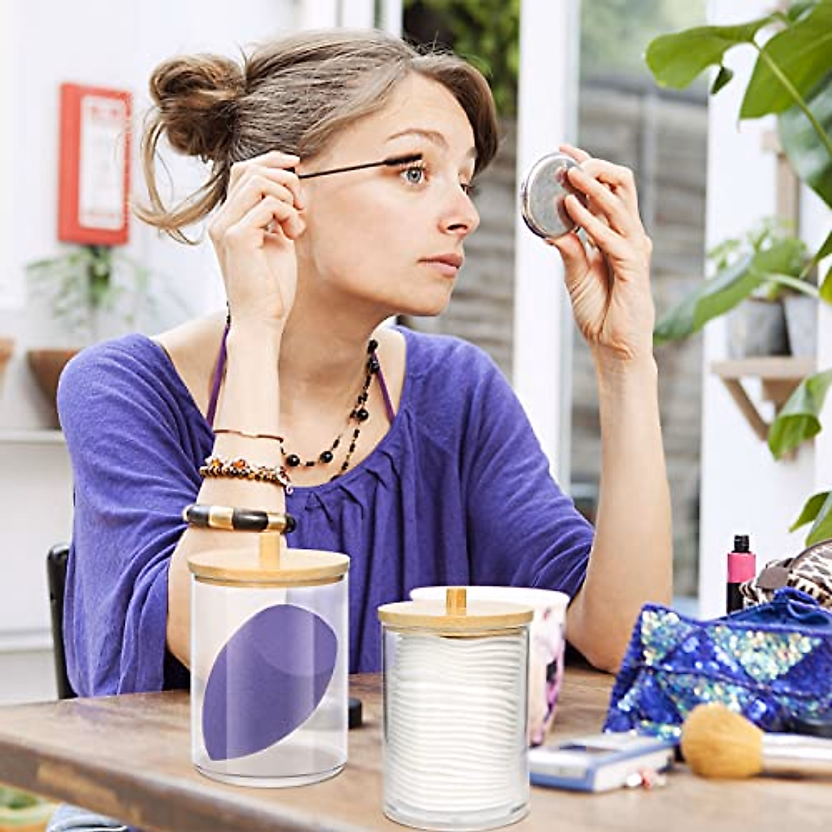 XEFINAL 4 Pack Acrylic Qtip Holder Dispenser with Bamboo Lid, Cotton Ball Pad Round Swab Holder for Cotton Pads Cotton Balls Hair Ties Rustic Bathroom Decor Accessories Storage Organization