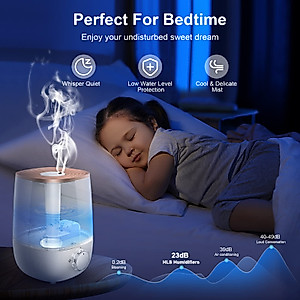HLS 3.5L Cool Mist Humidifiers for Home Women,Top Fill Ultrasonic Air Humidifier for Bedroom 23dB Quiet Waterless Auto-Off,41 Hours Air Vaporizer Humidifier with 2 Mist Model for Office Large room