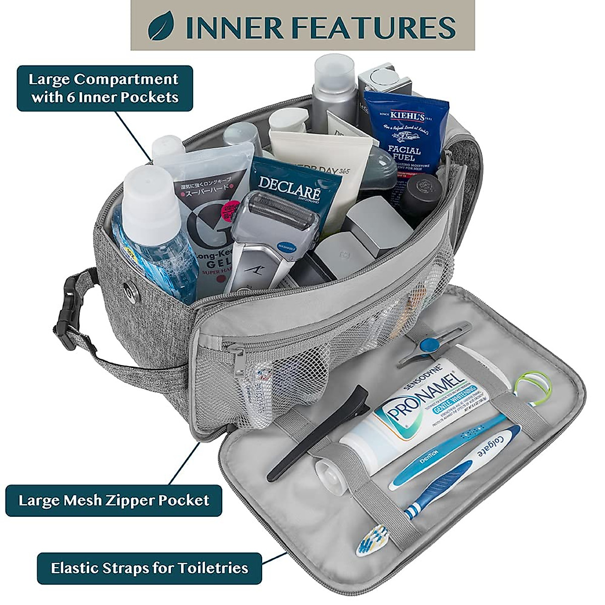 PAVILIA Toiletry Bag for Men, Travel Essentials Shaving Dopp Kit, Mens Travel Bag Toiletries Organizer Case for Grooming, PU Leather Water Resistant Cosmetic Bag Pouch (XL, Heather Grey)