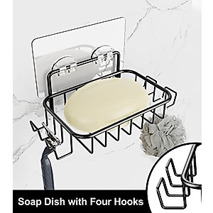 Purdaz Corner Shower Caddy Shelf Organizer with Soap Dish, Rustproof Bathroom Basket with 8 Hooks, Adhesive No Drilling, Black