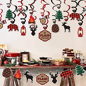 Levfla 30CT Lumberjack Party Hanging Swirls Decoration Buffalo Plaid Kids Birthday Photo Props Camping Ideas Bears Cutouts S'More Fun Door Whirls Signs Baby Shower Favor Supplies