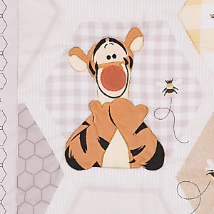 Disney Winnie The Pooh Hugs and Honeycombs Grey, White, and Tan Patchwork with Piglet, Tigger and Eeyore 3 Piece Crib Bedding Set - Comforter, 100% Cotton Fitted Crib Sheet, and Crib Skirt