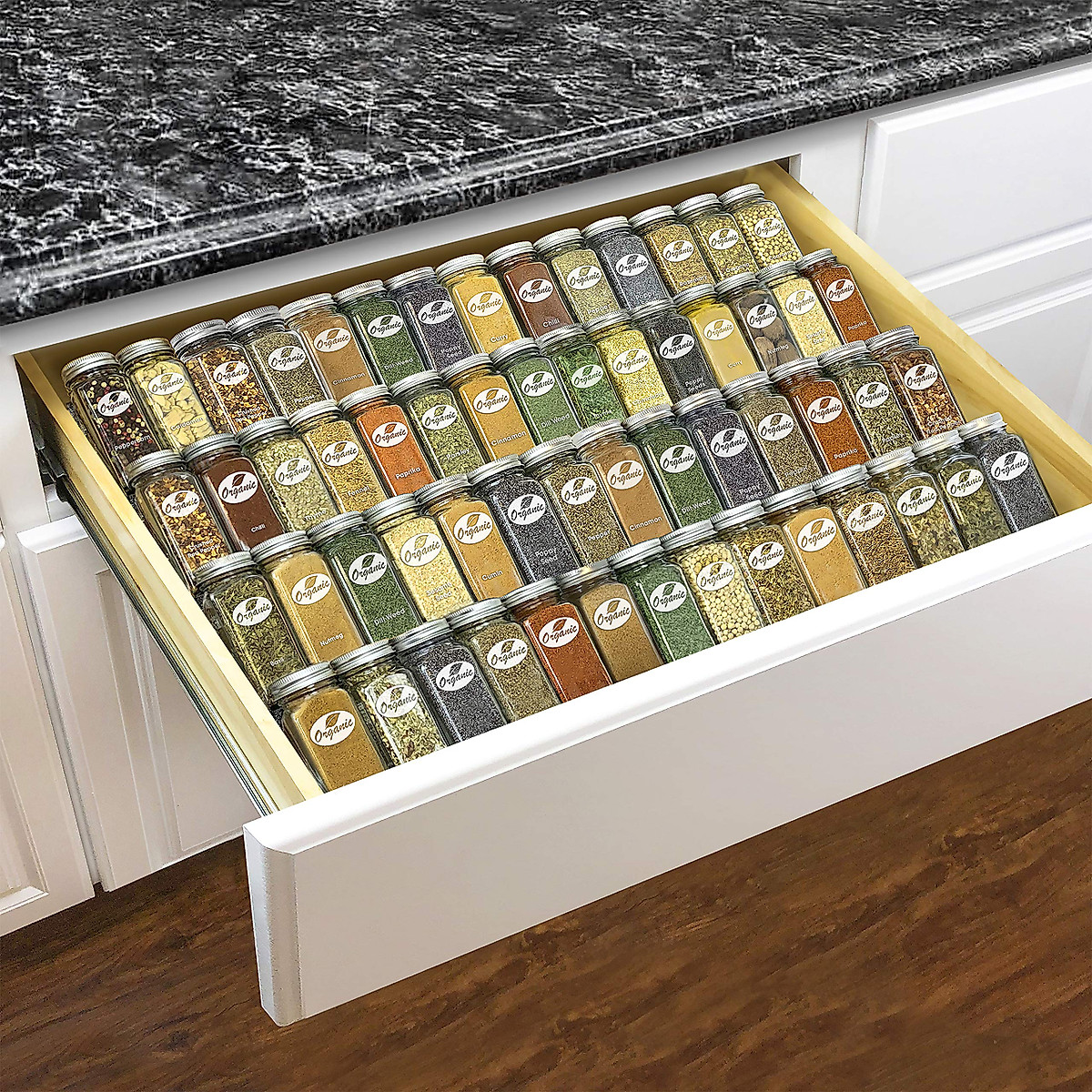 LYNK PROFESSIONAL® Expandable Organizer - Heavy Gauge Steel 4 Tier Spice Rack Insert Tray for Spice Jars, Herbs and Seasoning - Kitchen Cabinet Drawer Storage - Silver Metallic
