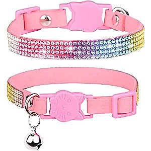 CHUKCHI Cat Collar Breakaway Bling Diamond Rhinestone with Bell Adjustable for Cats and Kitten Girl boy (Pink)