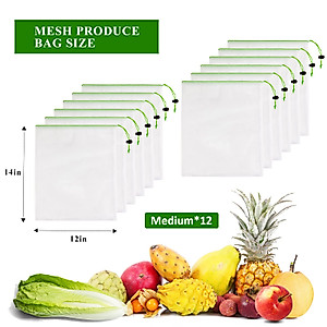 JSVSLTD Set of 12 Reusable Mesh Produce Bags - Washable Produce Bags - 12 Green Medium (12"x14") See-through Mesh Produce Bags for Storage Fruit, Vegetable, Toy