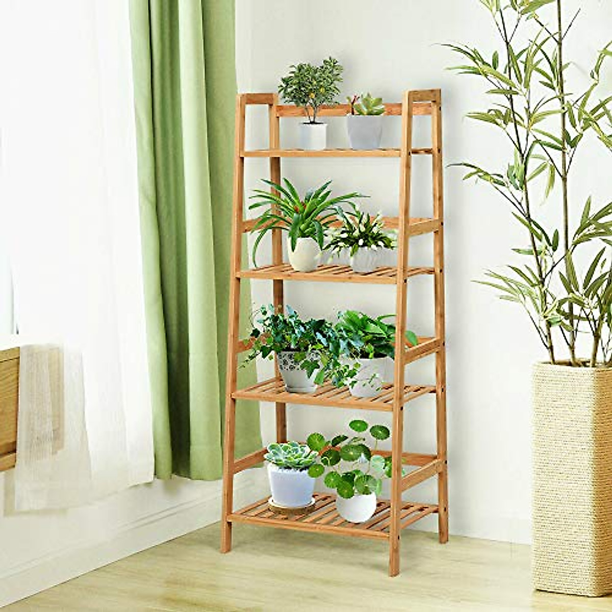 DORTALA 4-Tier Ladder Shelf, Rustic Bookcase w/Solid Bamboo Structure, Free Standing Storage Bookshelf for Living Room, Kitchen, Office, Multipurpose Plant Flower Stand, Natural