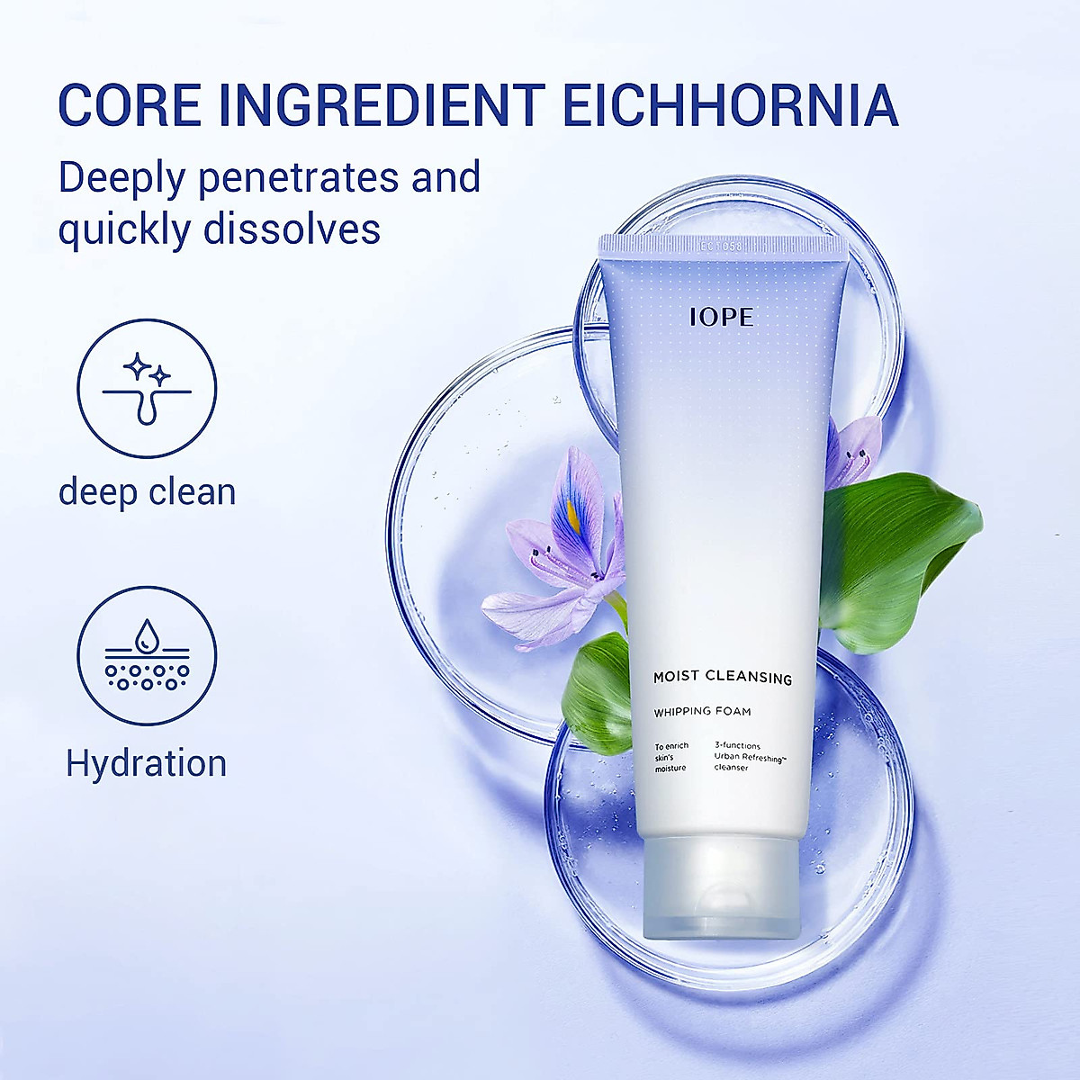 IOPE Face Wash, Moist Cleansing Whipping Foam, Daily Cleanser for Gentle Exfoliation, Makeup Remover for All Skin Types - Skin Hydration with Flower Extract - Korean Skin Care, 6.09 Fl Oz.