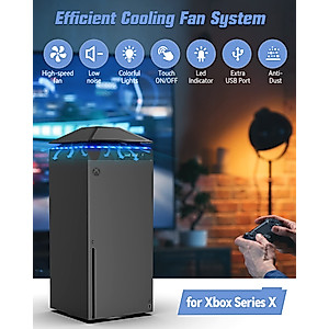 Wiilkac Cooling Fan for Xbox Series X with RGB Light Strip, 3 Levels Adjustable Speed Cooler Fan System 1800/2000/2200 RPM, Low Noise Top Fan with Extra 2 USB Port & Touch Switch