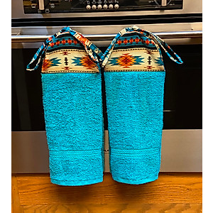 Set of 2 Southwest Black Teal Orange on Cream Ties On Stays Put Kitchen Hanging Loop Hand Dish Towels