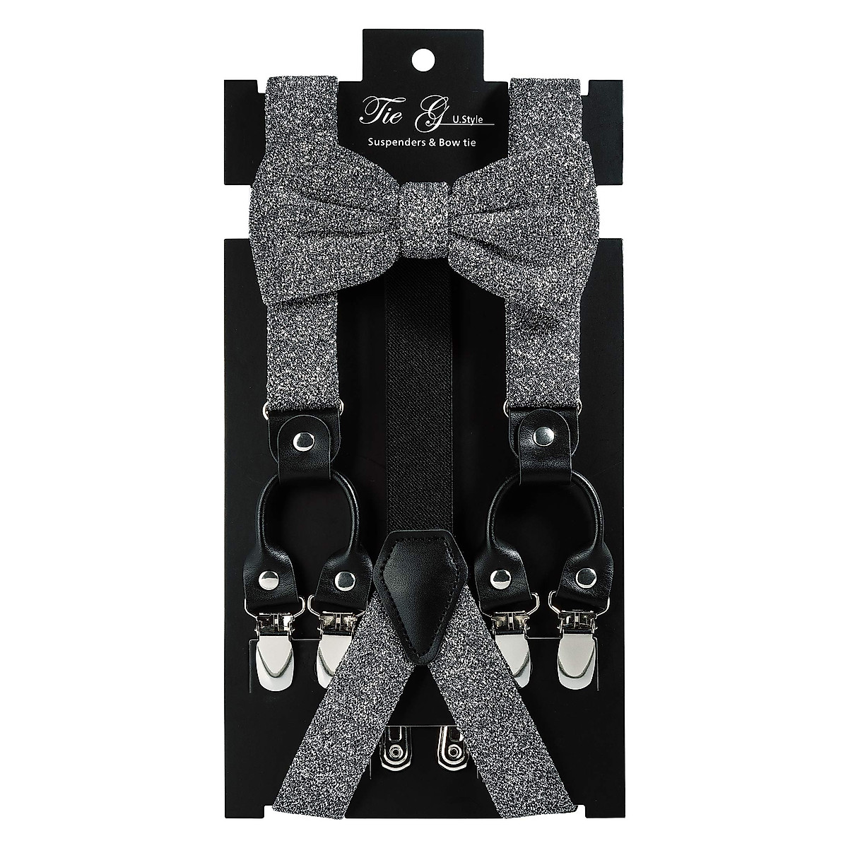 TIE G Men's Glitter Velvet Suspender + Bow Tie Set for Wedding, Party : Glittering Effects, Adjustable Braces, Strong 6 Clips (Twinkle Silver)